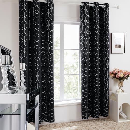 Deconovo Blackout Grommet Thermal Insulated Silver Foil Printed Curtains, Black/Diamond, 42W x 63L