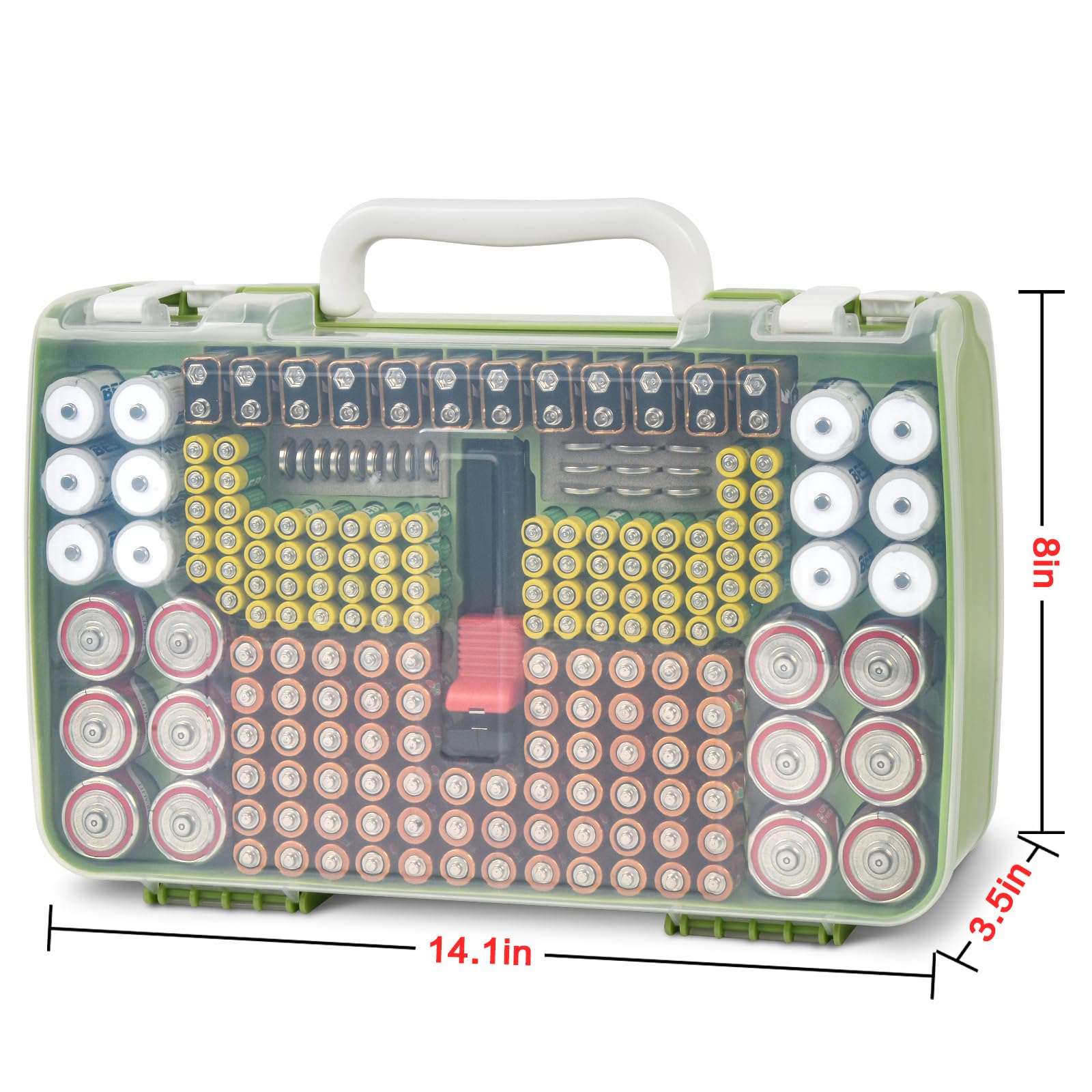 Battery Organizer Storage Holder Case with Double-Sided, Garage Box with Tester Checker. Batteries Container for 269pcs AA AAA AAAA 3A 4A 9V C D Lithium 4LR44 CR2 CR123A CR1632 CR2032 18650 -Green