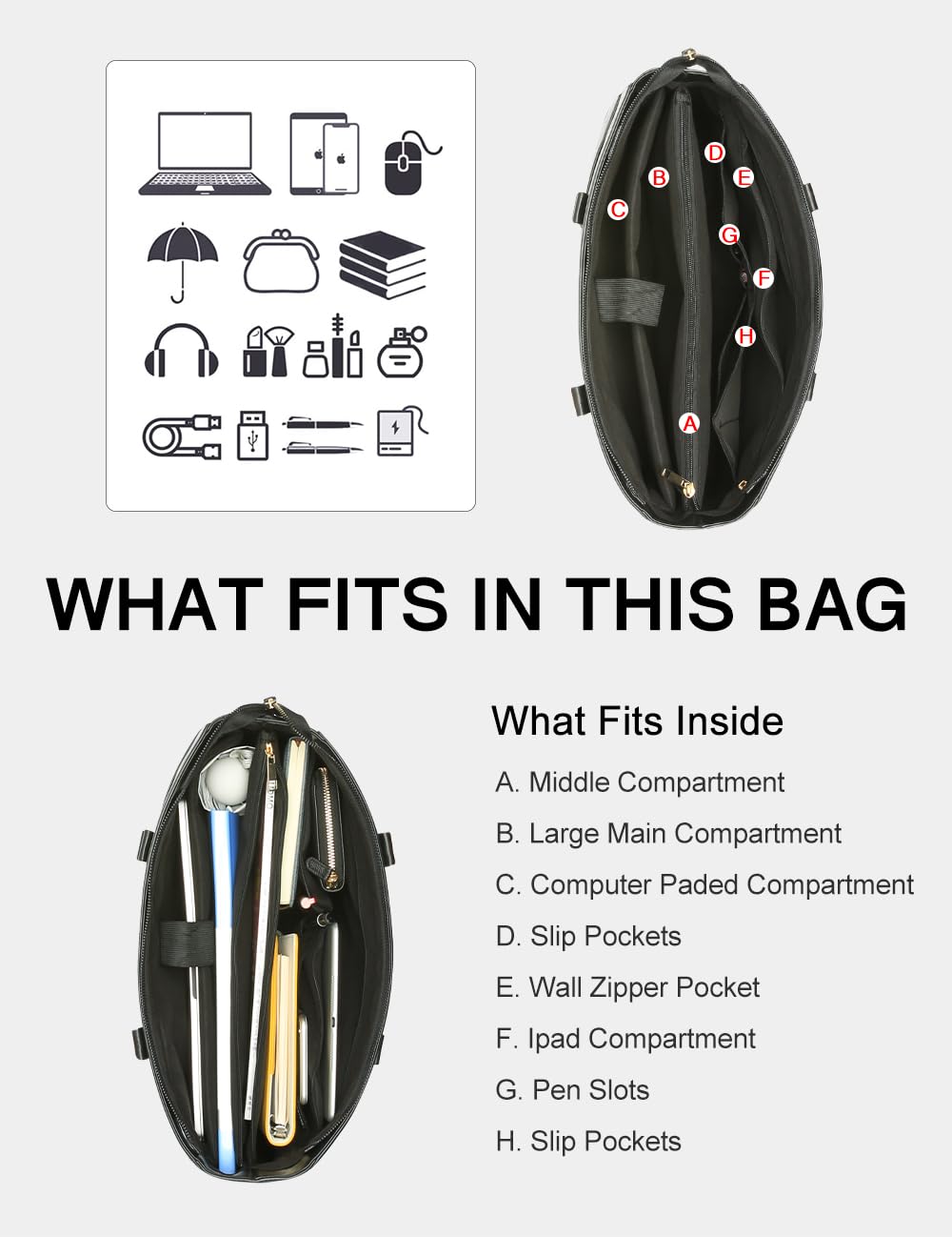 Laptop Tote Bag for Women 15.6 Inch Waterproof Leather Work Bag Briefcase Women Business Office Computer Bag Black