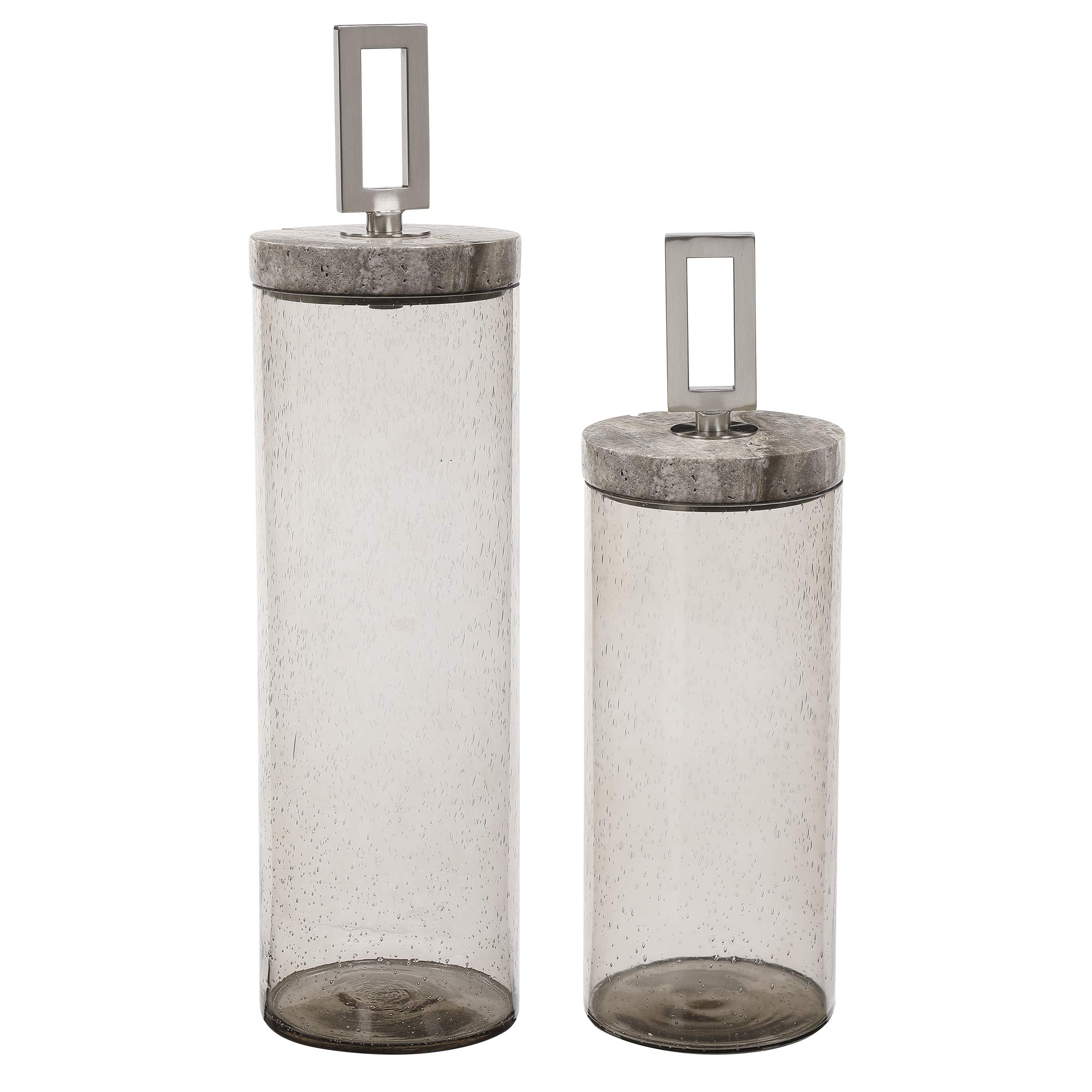 Elegant Gray Seeded Glass Decorative Jars Set 2 Cylinder Clear Marble Tall
