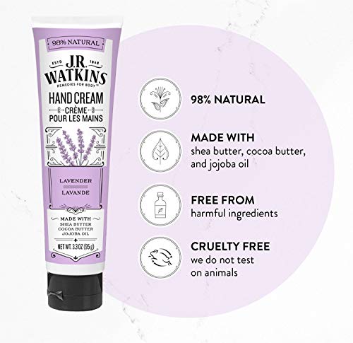 J.R. Watkins Natural Moisturizing Hand Cream, Hydrating Hand Moisturizer with Shea Butter, Cocoa Butter, and Avocado Oil, USA Made and Cruelty Free, 3.3oz, Lavender, Single