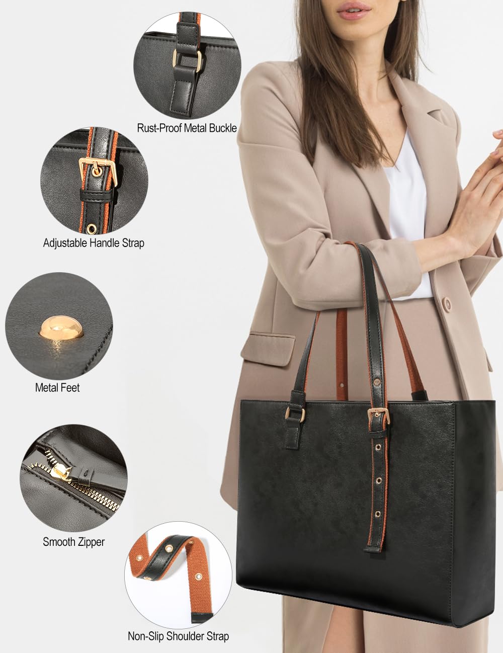 Laptop Tote Bag for Women 15.6 Inch Waterproof Leather Work Bag Briefcase Women Business Office Computer Bag Black