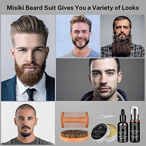 Misiki Beard Kit for Men Grooming & Care, Beard Growth Kit with Trimming Tool Set, Natural Beard Care Growth Oil & Wash, Brush, Comb, Scissors & Storage Bag, Beard Care Perfect Gifts for Man