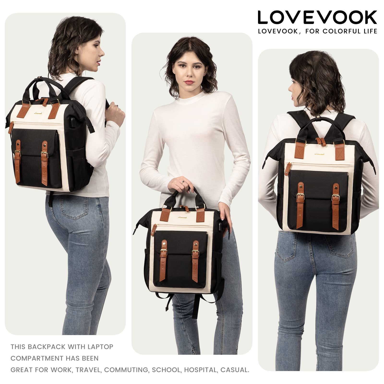 LOVEVOOK 17 Inch Laptop Backpack For Women Work Large Travel Backpack Purse, Nurse Bag College Backpack, Teacher Doctor Business Laptop Bag, Waterproof Wide Open Computer Back pack, Black-Beige-Brown