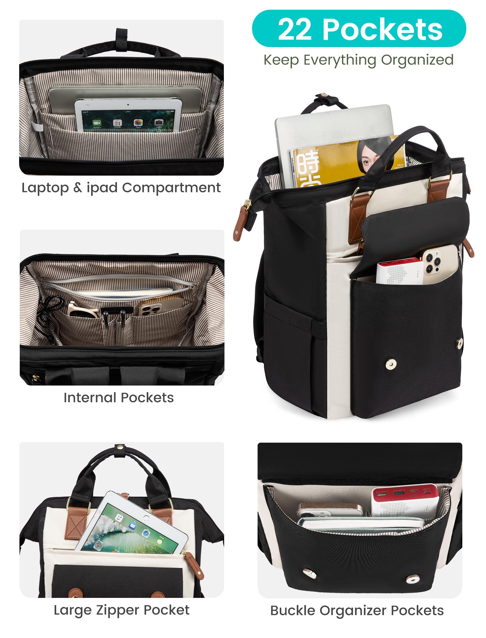 LOVEVOOK 17 Inch Laptop Backpack For Women Work Large Travel Backpack Purse, Nurse Bag College Backpack, Teacher Doctor Business Laptop Bag, Waterproof Wide Open Computer Back pack, Black-Beige-Brown