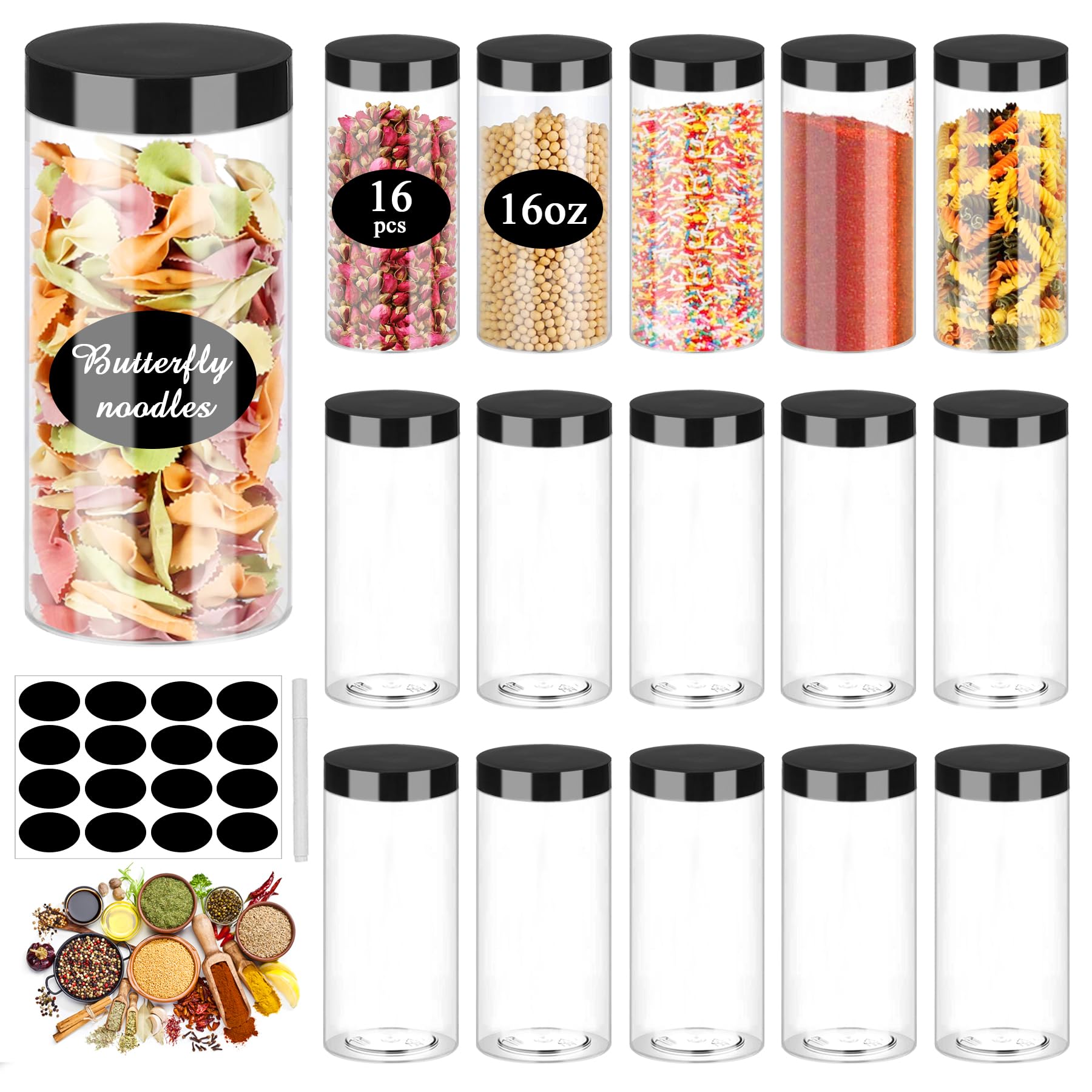 SLifeJars Plastic Jar with Lids 16oz Clear Empty Containers 16Pcs Straight Cylinders Storage Jars with Airtight Black Lid Stackable Refillable Round Plastic Jars for Kitchen Food & Home Storage