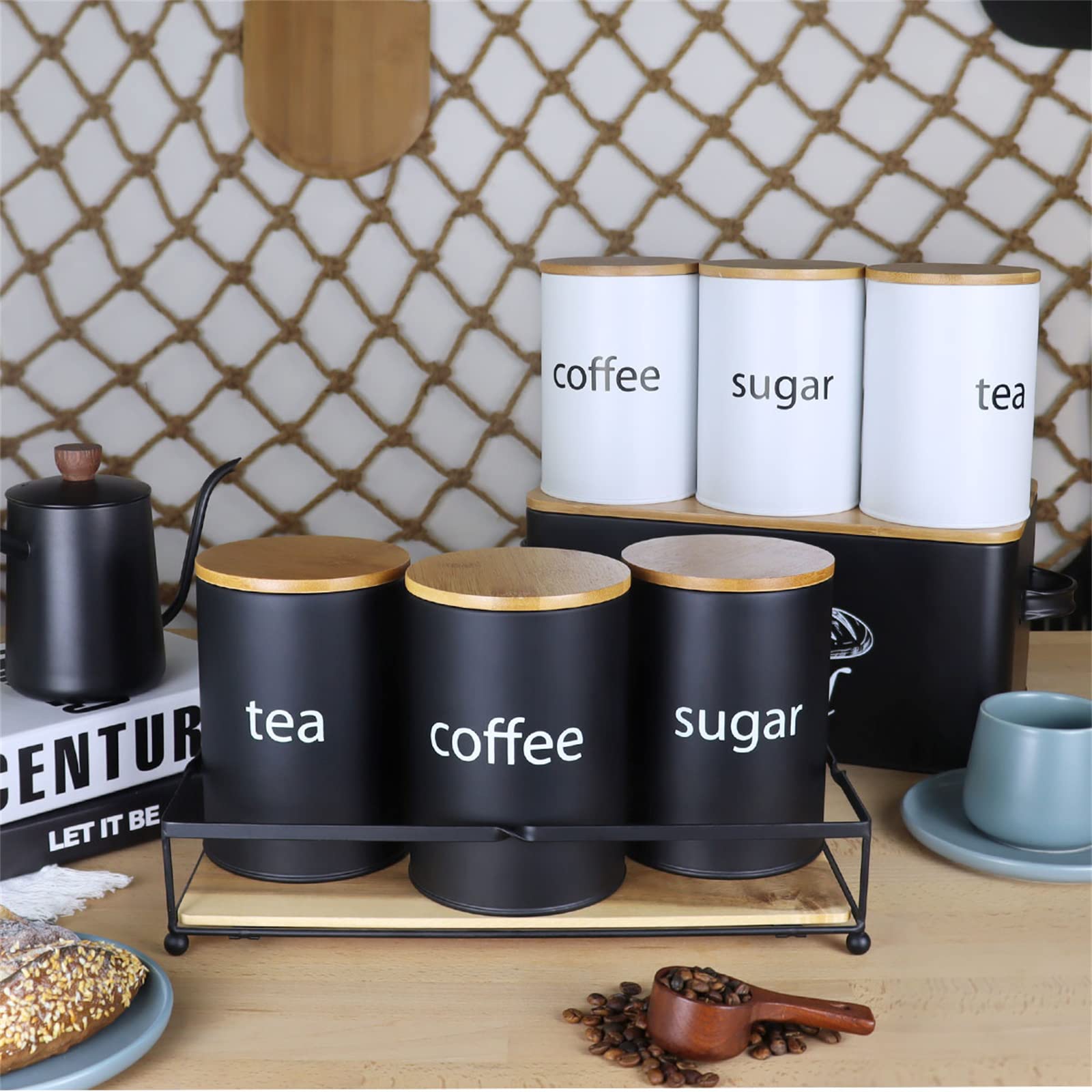 SOTECH Metal Food Storage Jar Farmhouse Coffee Canisters with Bamboo Lids,Black Kitchen Canisters Set of 3 Decorative Canisters for Kitchen Counter,Home Decor,Sugar Coffee and Tea Container Set
