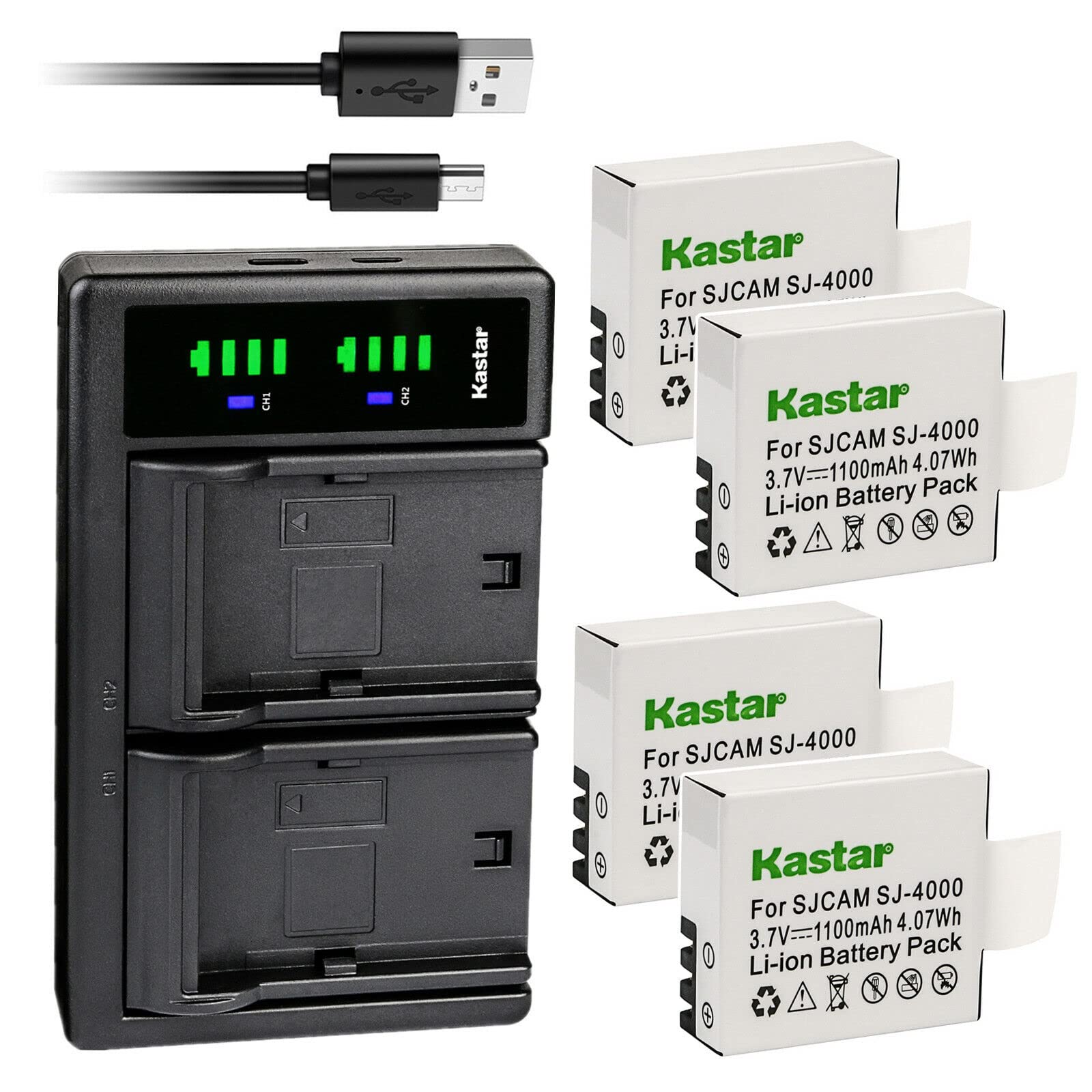 Kastar 4-Pack Battery and LTD2 USB Charger Compatible with SJCAM M10, SJCAM Qumox BoomYours, SJCAM Qumox DX 288812, SJCAM Qumox DX 288813, SJCAM Qumox SupTig3, SJCAM SJ4000, SJCAM SJ5000, SJ5000 Plus