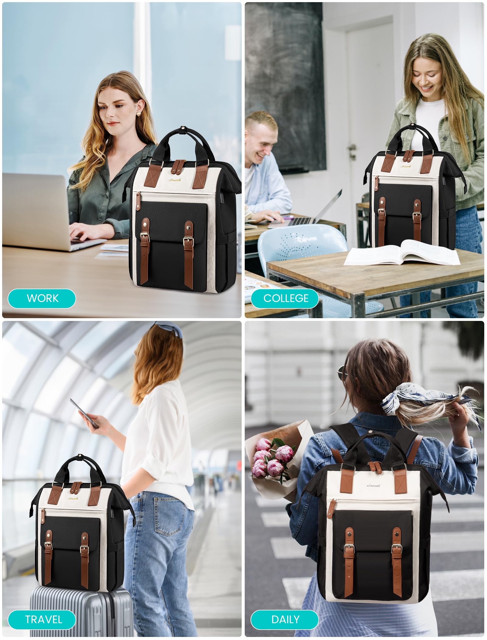 LOVEVOOK 17 Inch Laptop Backpack For Women Work Large Travel Backpack Purse, Nurse Bag College Backpack, Teacher Doctor Business Laptop Bag, Waterproof Wide Open Computer Back pack, Black-Beige-Brown