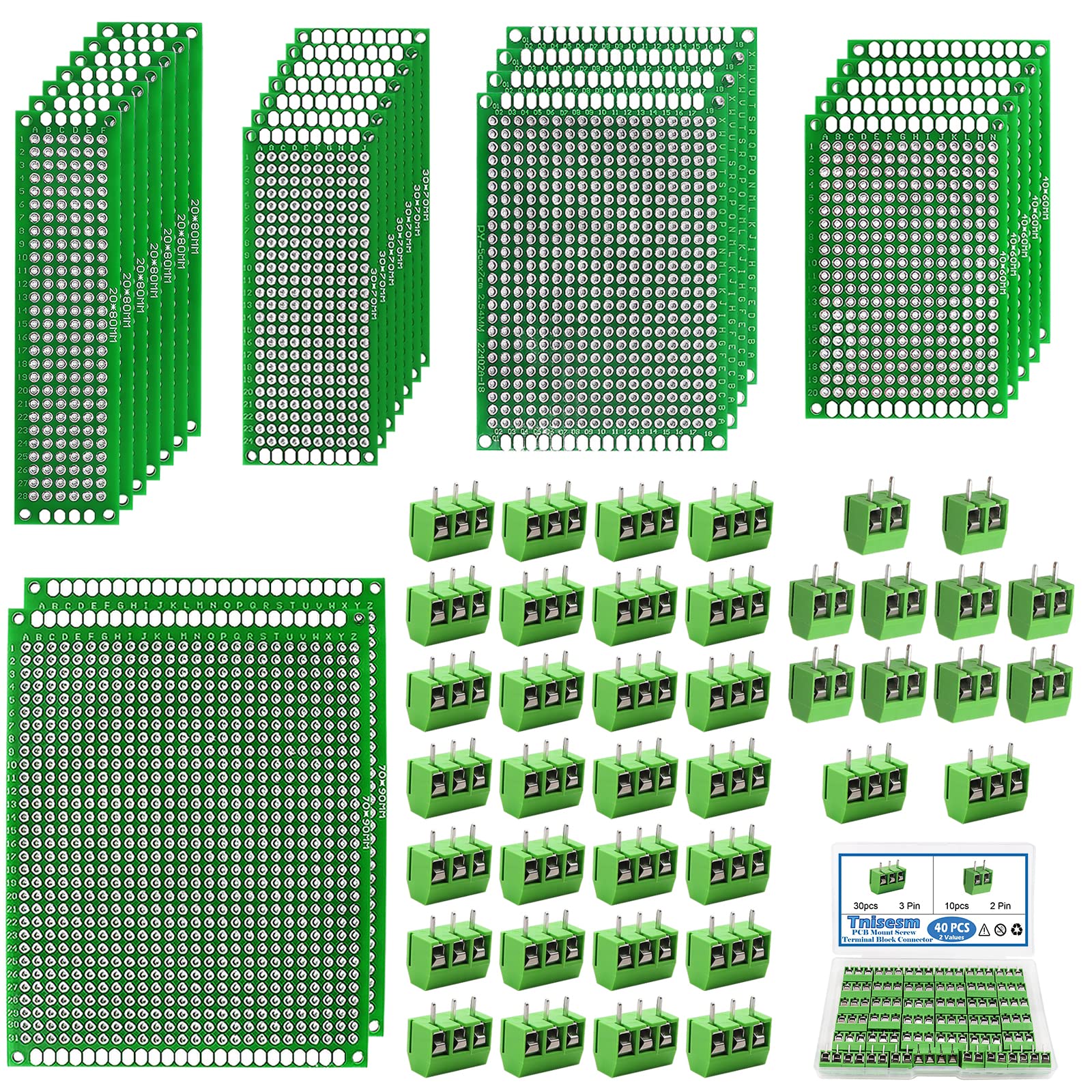 Tnisesm 72Pcs 5 Vaules Double Sided PCB Board Prototype Kits,40Pcs 2 Pin & 3 Pin 5mm/0.2inch Pitch PCB Mount Screw Terminal Block Connector