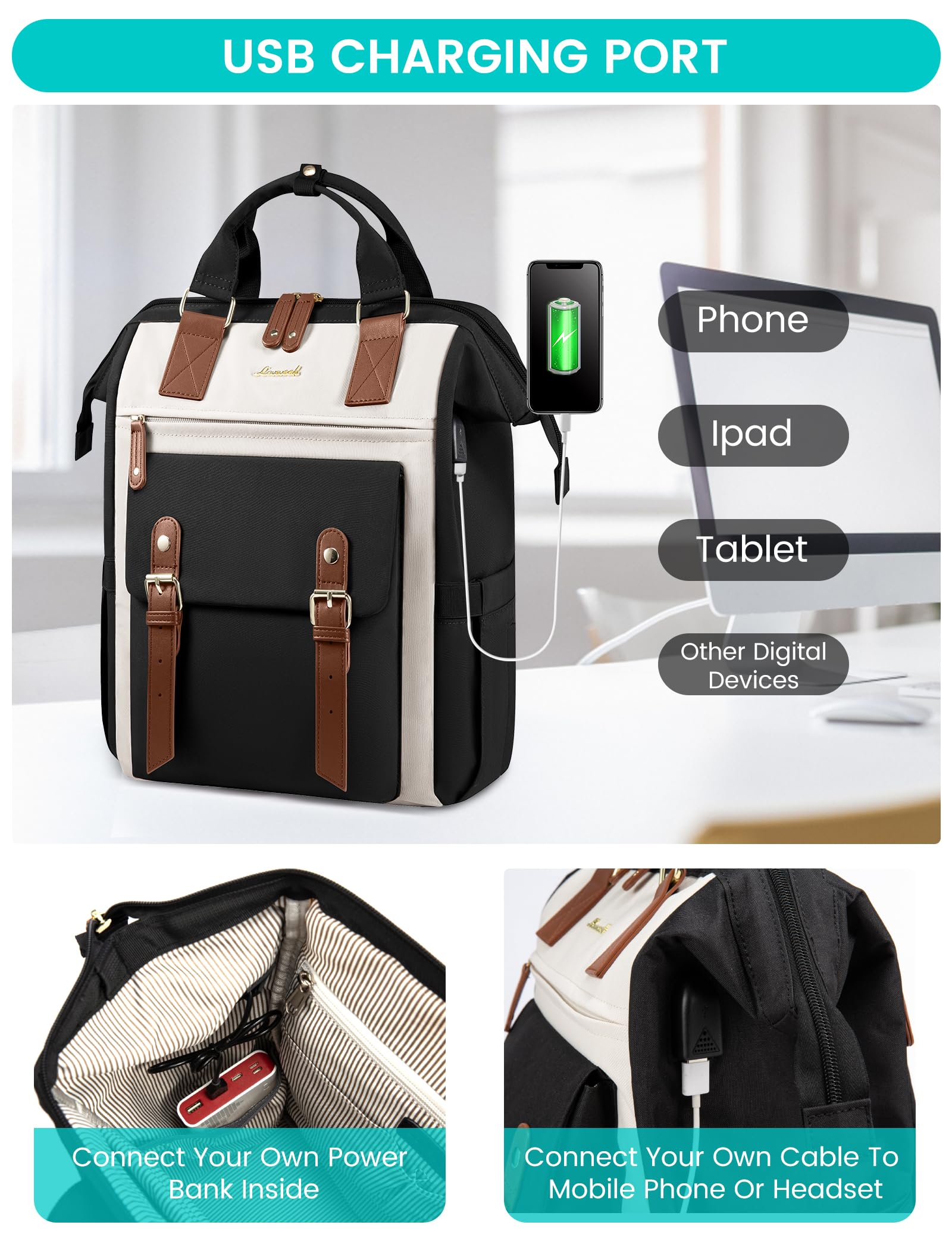 LOVEVOOK 17 Inch Laptop Backpack For Women Work Large Travel Backpack Purse, Nurse Bag College Backpack, Teacher Doctor Business Laptop Bag, Waterproof Wide Open Computer Back pack, Black-Beige-Brown