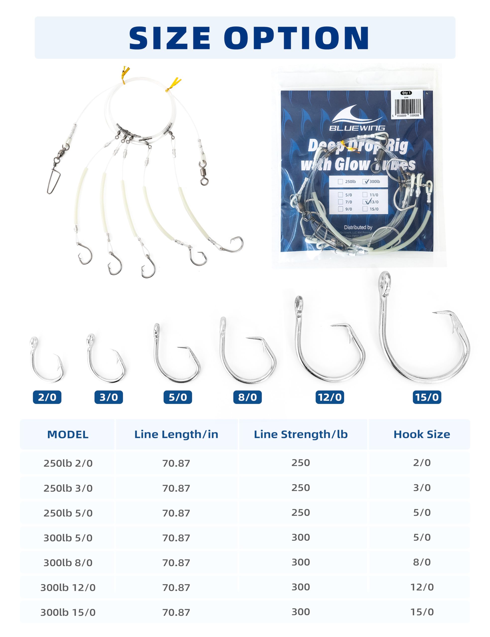BLUEWING Fishing Deep Drop Rig with Glow Tubes 1pc Snapper, Tilefish Rig with 12/0 Stainless Steel Hooks, Barrel Swivel, 300lbs Line, 1pc