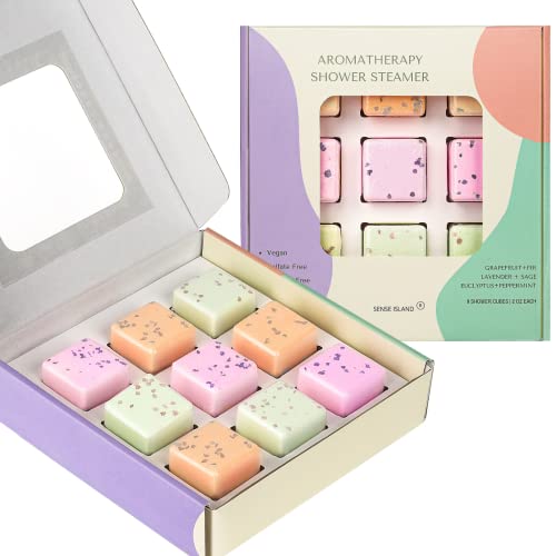 Shower Steamers Aromatherapy Set of 9 Natural XL Cubes w Essential Oils , 6 Scents Variety Pack: Awaken(Eucalyptus+Peppermint), Relax(Lavender+Sage), Revive(Grapefruit+Fir) Hanging Sachet Included