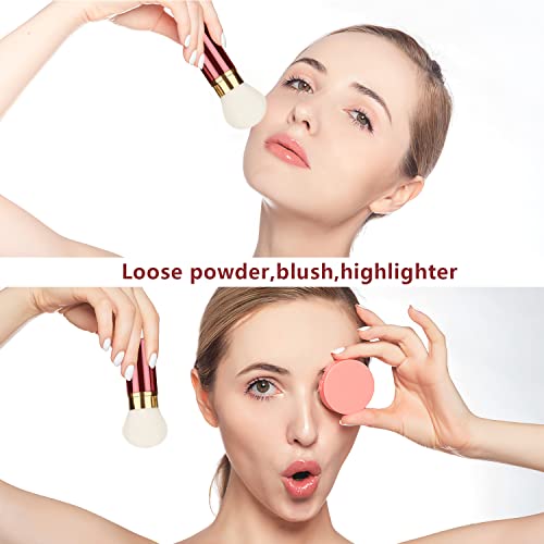 Falliny 2 Pack Retractable Kabuki Makeup Brush, Travel Face Blush Brush, Portable Powder Brush with Cover for Blush, Bronzer, Buffing, Flawless Powder Cosmetics