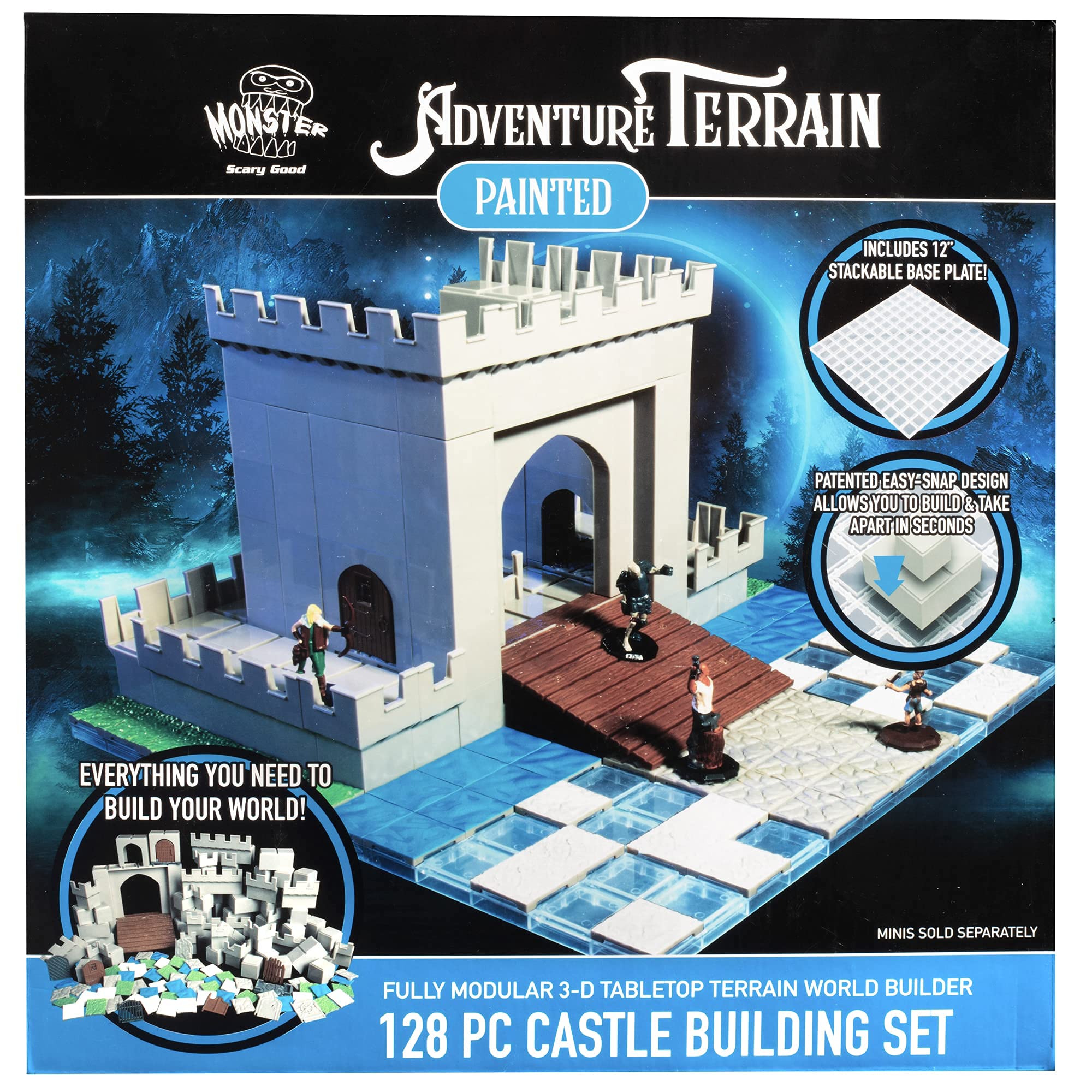 Monster Adventure Terrain- 128pc Painted Castle Expansion Set w Baseplate- Fully Modular & Stackable 3-D Tabletop World Builder, Compatible w DND Dungeons Dragons, Pathfinder, All RPG Game, Gift
