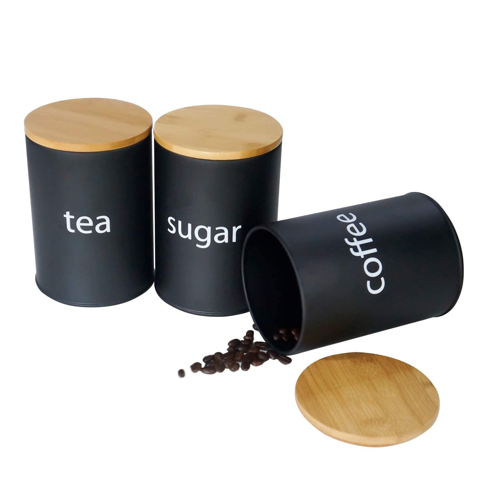 SOTECH Metal Food Storage Jar Farmhouse Coffee Canisters with Bamboo Lids,Black Kitchen Canisters Set of 3 Decorative Canisters for Kitchen Counter,Home Decor,Sugar Coffee and Tea Container Set