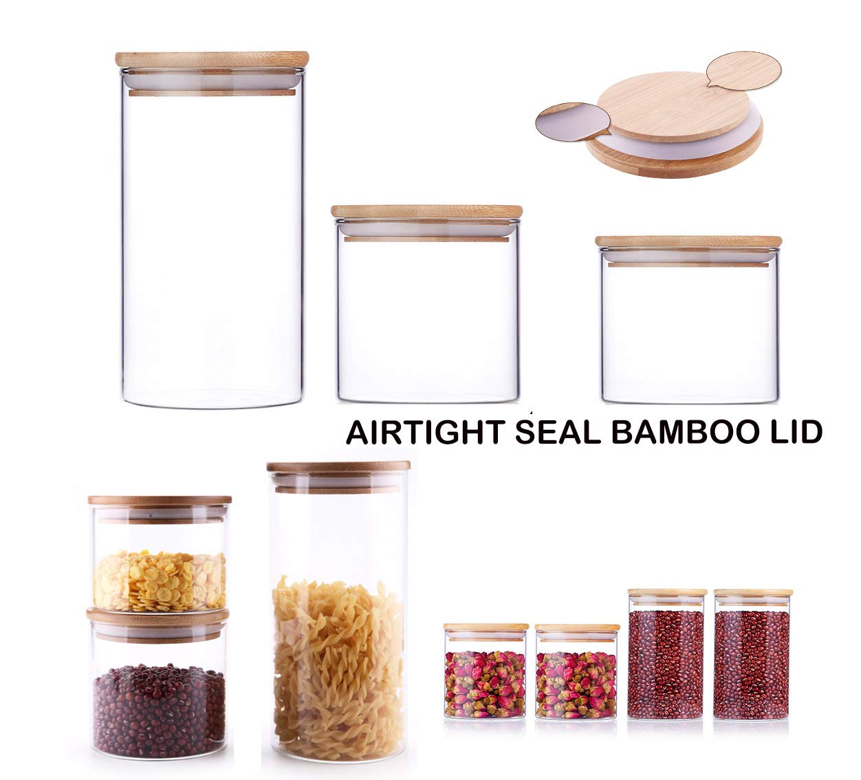Sohapy Airtight Food Storage Containers Jar Set Cereal Container with Airtight Seal Bamboo Lid Food Organization Sets Cookies Jar Cylinder for Pantry Kitchen Coffee Flour and More Container (3)