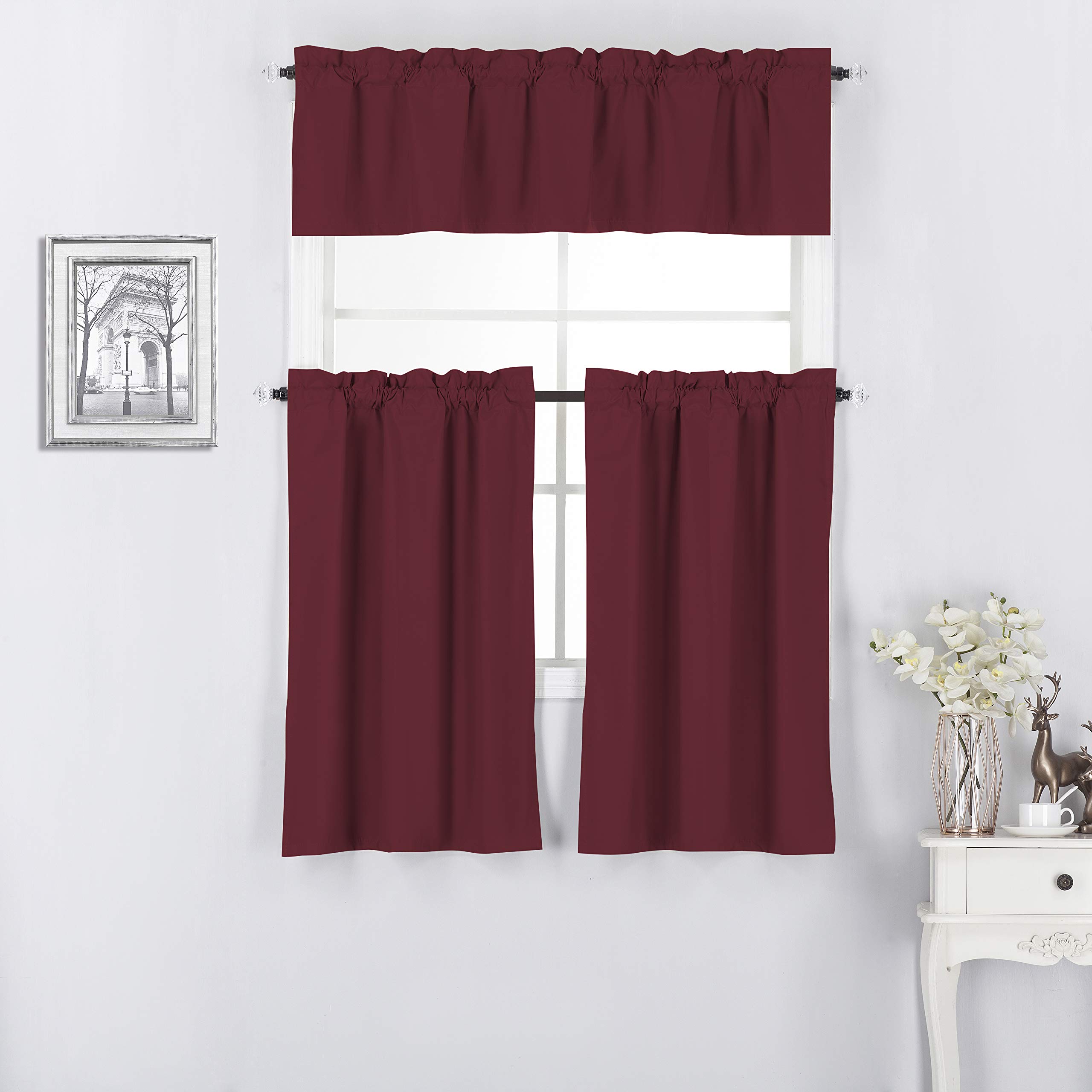 Diamond Home Linens 3 Piece 100% Blackout Lined Thermal Kitchen Window Treatment Curtain Tiers and Valance Set (36" Tiers & 14" Valance, Burgundy)