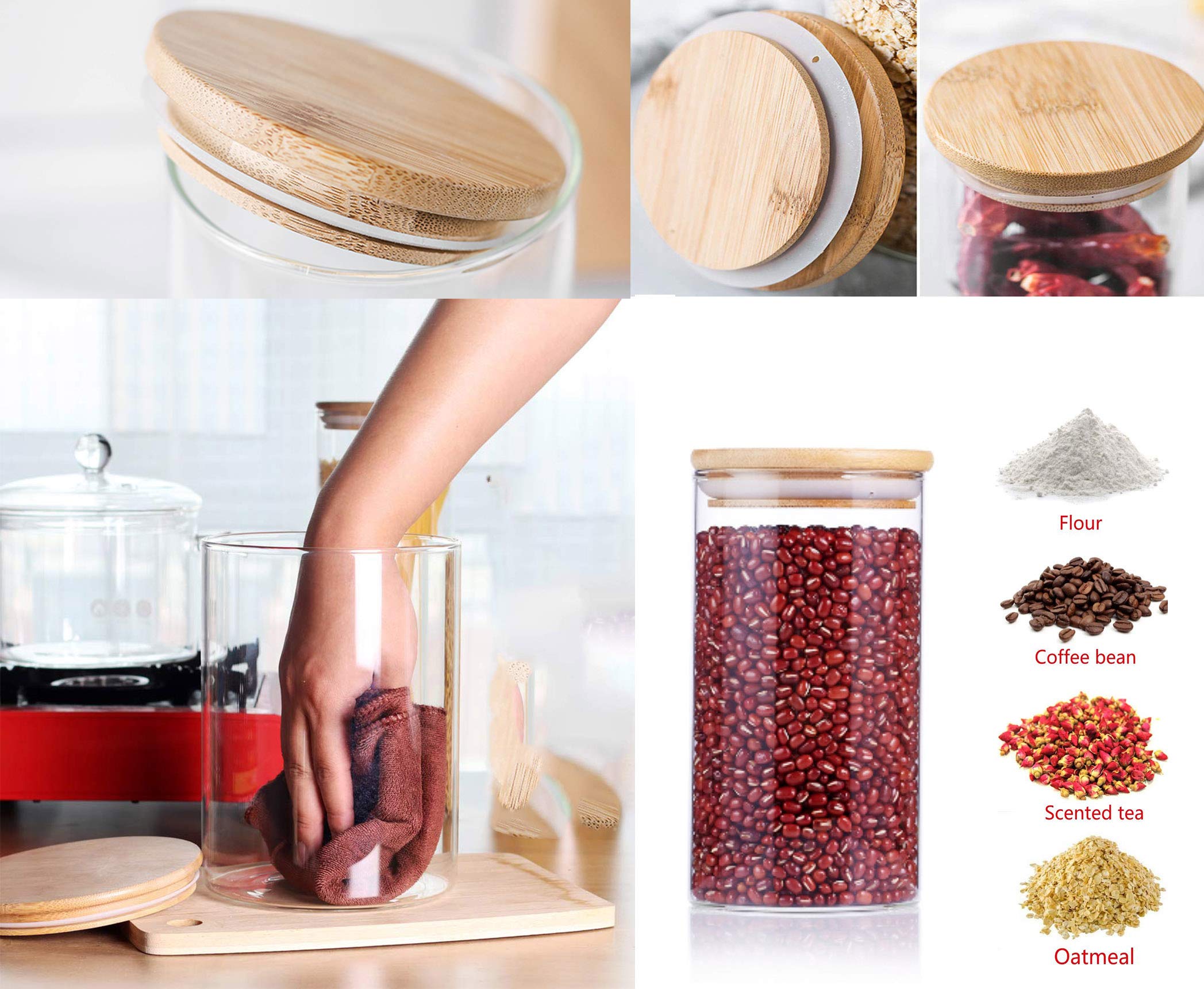 Sohapy Airtight Food Storage Containers Jar Set Cereal Container with Airtight Seal Bamboo Lid Food Organization Sets Cookies Jar Cylinder for Pantry Kitchen Coffee Flour and More Container (3)