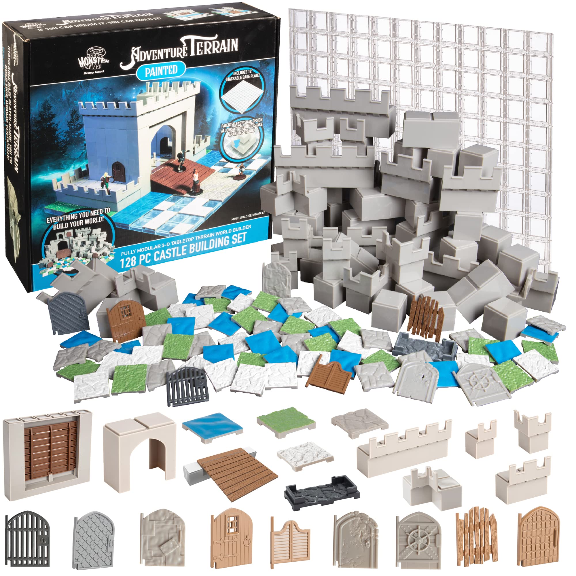 Monster Adventure Terrain- 128pc Painted Castle Expansion Set w Baseplate- Fully Modular & Stackable 3-D Tabletop World Builder, Compatible w DND Dungeons Dragons, Pathfinder, All RPG Game, Gift
