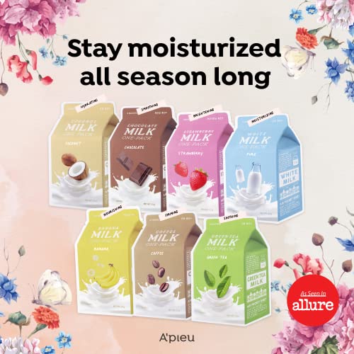 A’pieu Milk Sheet Mask (7 flavors in 1 pack) with Milk Essence to mildly exfoliate, hydrate, and brighten - Korean skincare for normal to dry skin.