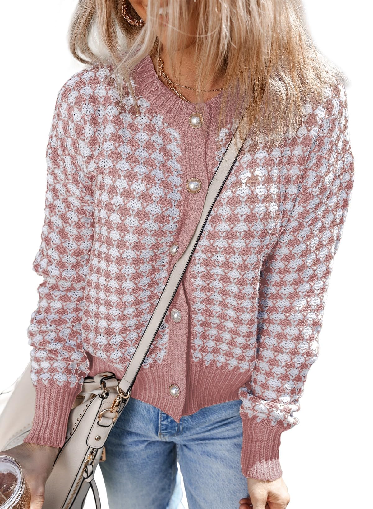 Dokotoo Womens Cardigan Sweaters Fashion V Neck Color Block Plaid Cable Knit Long Sleeve Button Down Comfy Cute Daily 2024 Autumn Winter Ribbed Sweater Outerwear Tops Pink Small