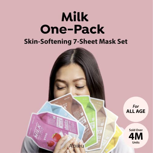 A’pieu Milk Sheet Mask (7 flavors in 1 pack) with Milk Essence to mildly exfoliate, hydrate, and brighten - Korean skincare for normal to dry skin.