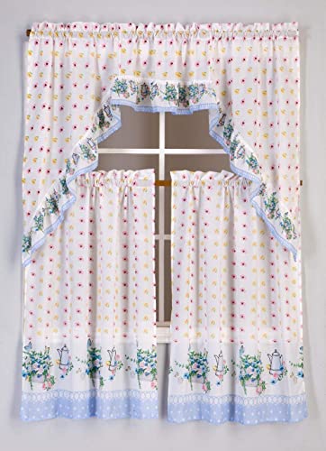 Diamond Home Linens 3PC Printed Kitchen Curtain Tiers and Swag Valance Set (Blue/Pink, 36 in Tiers Set)