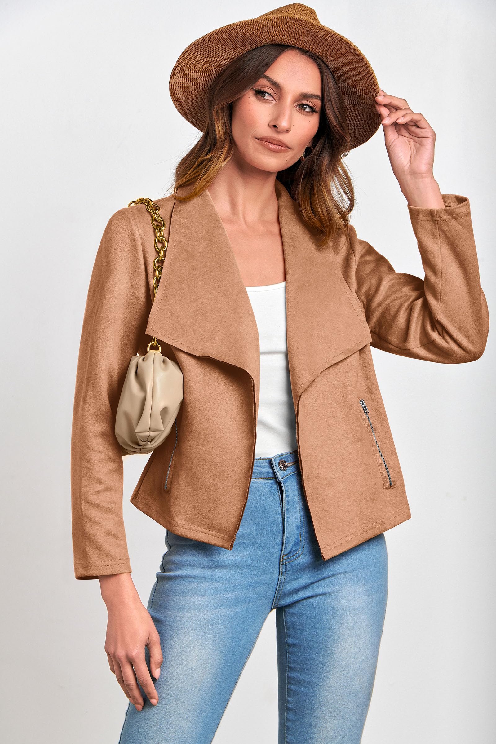 PRETTYGARDEN Women's Faux Suede Jackets 2025 Spring Fall Clothes Long Sleeve Open Front Cropped Coat Outwear (Camel,Small)