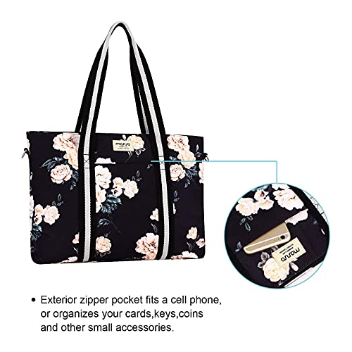 MOSISO Laptop Tote Bag for Women (17-17.3 inch), Canvas Camellia Multifunctional Work Travel Shopping Duffel Carrying Shoulder Handbag, Black