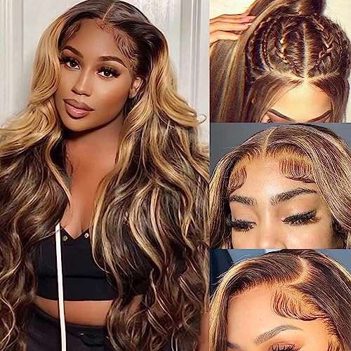 28inch Honey Blonde Lace Front Wig Human Hair 13x4 HD Transparent 4/27 Highlight Ombre Lace Front Wigs Human Hair Pre Plucked With Baby Hair 180% Density Body Wave Human Hair Wigs