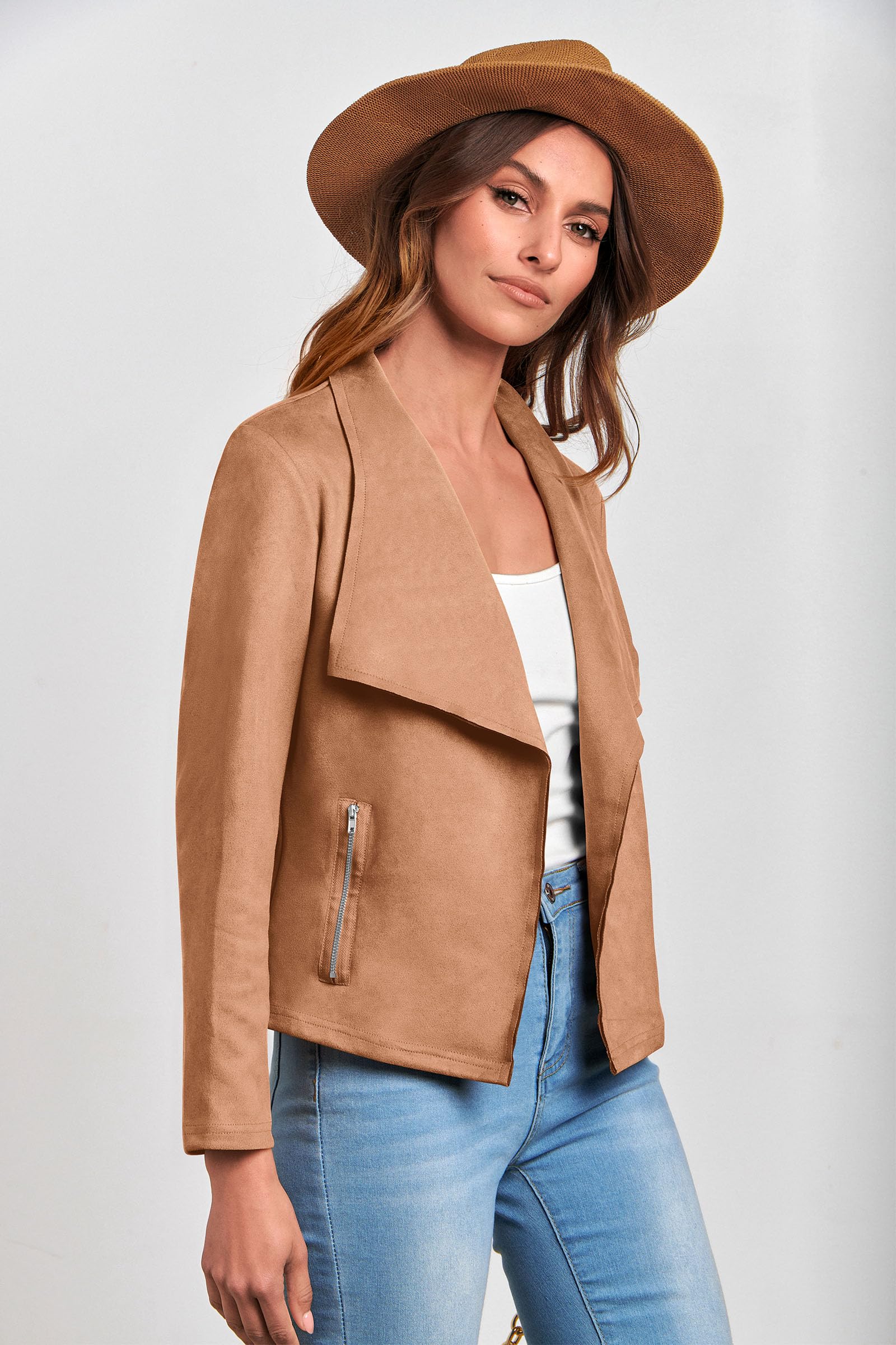 PRETTYGARDEN Women's Faux Suede Jackets 2025 Spring Fall Clothes Long Sleeve Open Front Cropped Coat Outwear (Camel,Small)