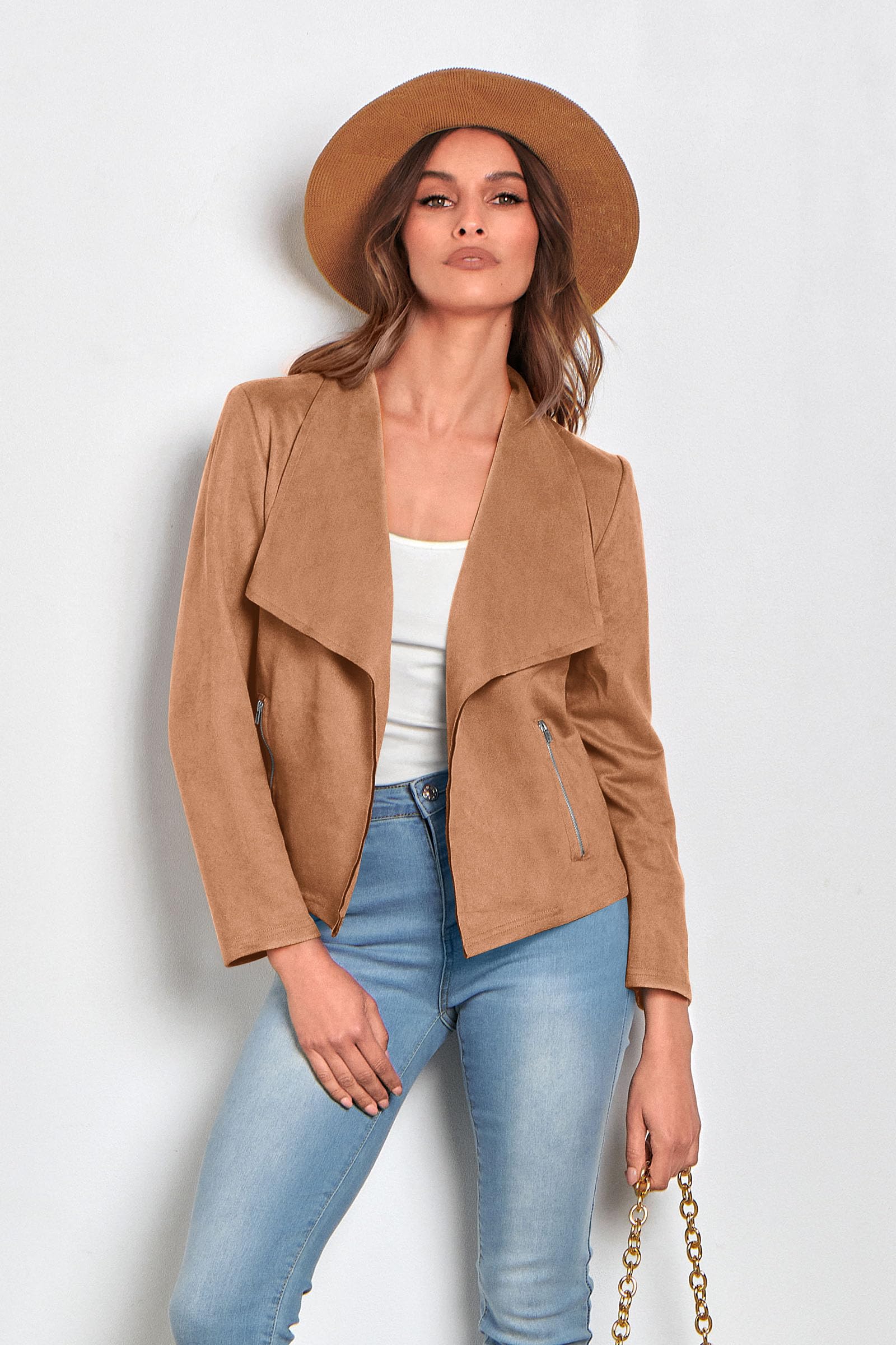 PRETTYGARDEN Women's Faux Suede Jackets 2025 Spring Fall Clothes Long Sleeve Open Front Cropped Coat Outwear (Camel,Small)