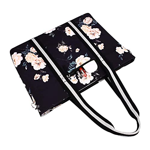 MOSISO Laptop Tote Bag for Women (17-17.3 inch), Canvas Camellia Multifunctional Work Travel Shopping Duffel Carrying Shoulder Handbag, Black