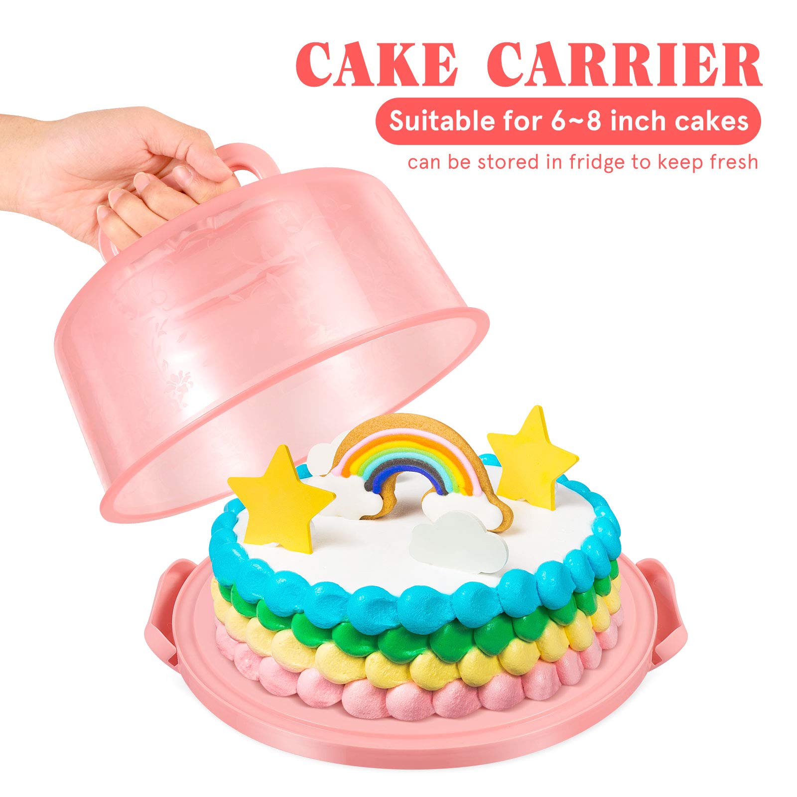 Cabilock Cake Stand Round Cake Carrier with Handle Dome Lids Dessert Carrier Handy Cupcake Holder Tray Clear Plastic Cake Pie Container Cake Box Serving Tray (Pink) Cake Holder