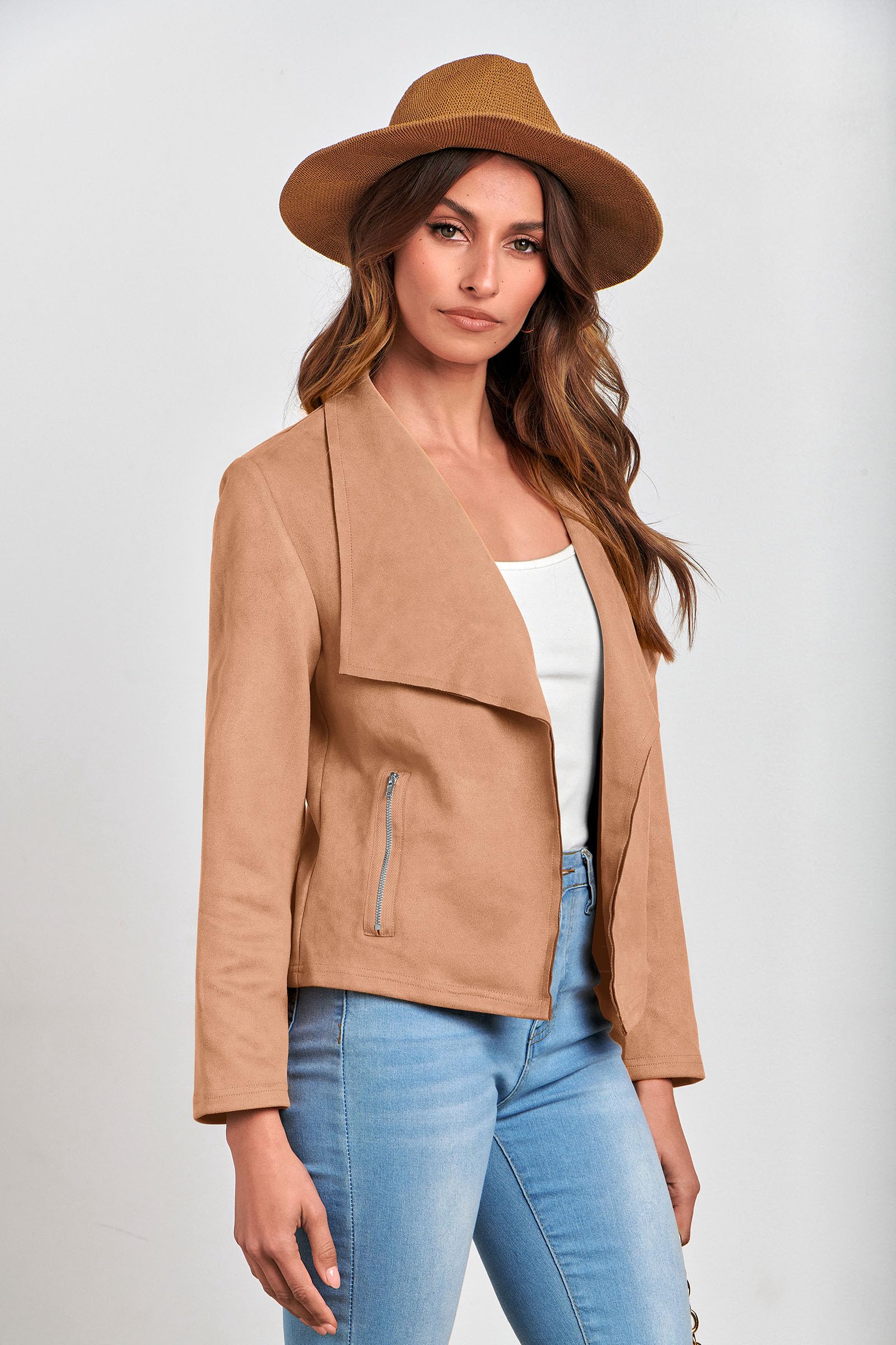 PRETTYGARDEN Women's Faux Suede Jackets 2025 Spring Fall Clothes Long Sleeve Open Front Cropped Coat Outwear (Camel,Small)