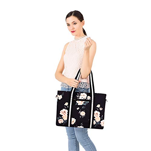 MOSISO Laptop Tote Bag for Women (17-17.3 inch), Canvas Camellia Multifunctional Work Travel Shopping Duffel Carrying Shoulder Handbag, Black