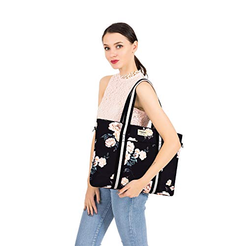 MOSISO Laptop Tote Bag for Women (17-17.3 inch), Canvas Camellia Multifunctional Work Travel Shopping Duffel Carrying Shoulder Handbag, Black