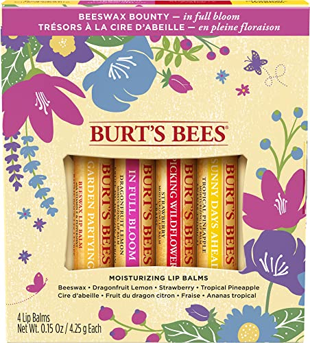 Burt's Bees Gifts, 4 Lip Balm Products, In Full Bloom Set - Original Beeswax, Dragonfruit Lemon, Tropical Pineapple & Strawberry (4 Pack)