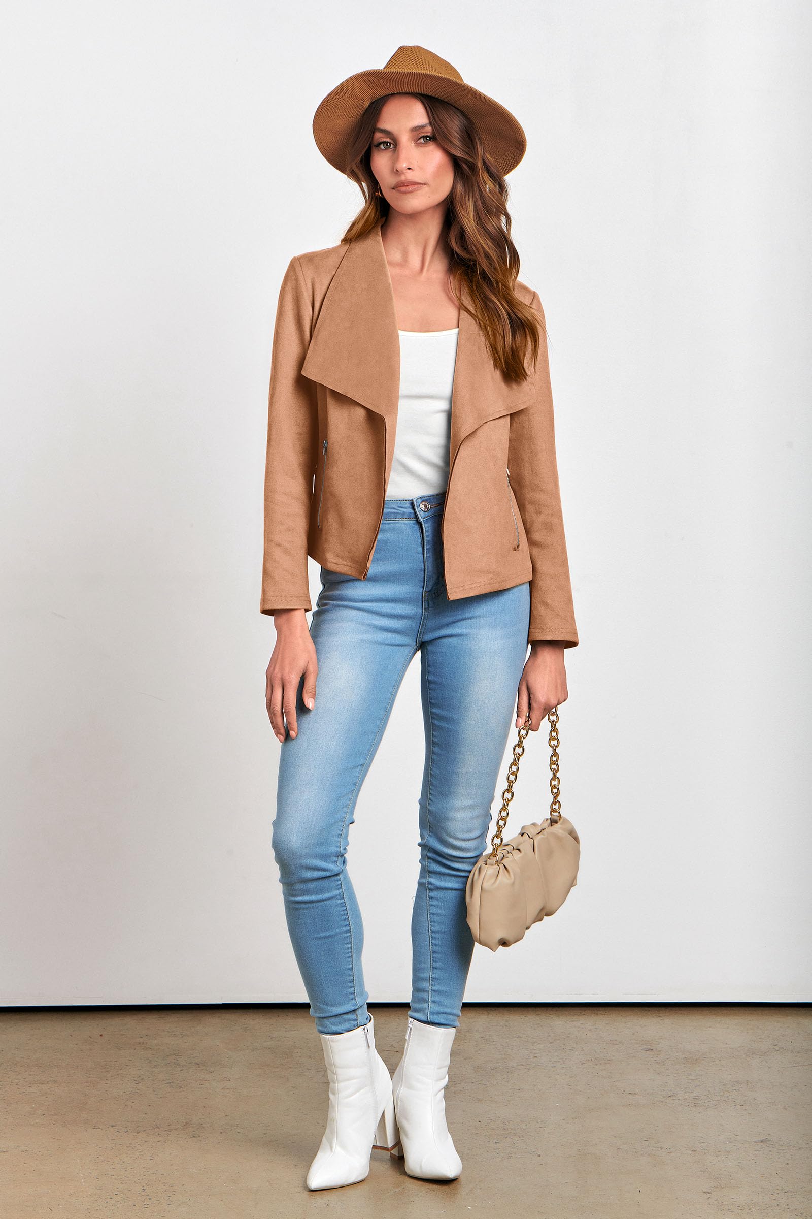PRETTYGARDEN Women's Faux Suede Jackets 2025 Spring Fall Clothes Long Sleeve Open Front Cropped Coat Outwear (Camel,Small)