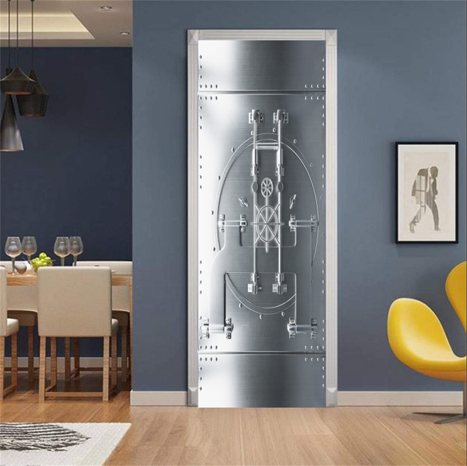 artfanke 3D Door Sticker Peel and Stick Bank Vault Door Metal- self-Adhesive Murals Wallpaper Decal for Bedroom Decor 30.3"x78.7"(2 Sheets/Set)