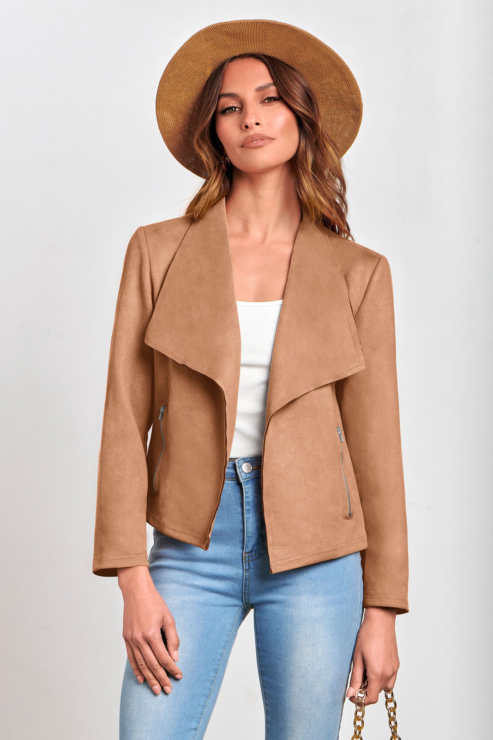 PRETTYGARDEN Women's Faux Suede Jackets 2025 Spring Fall Clothes Long Sleeve Open Front Cropped Coat Outwear (Camel,Small)