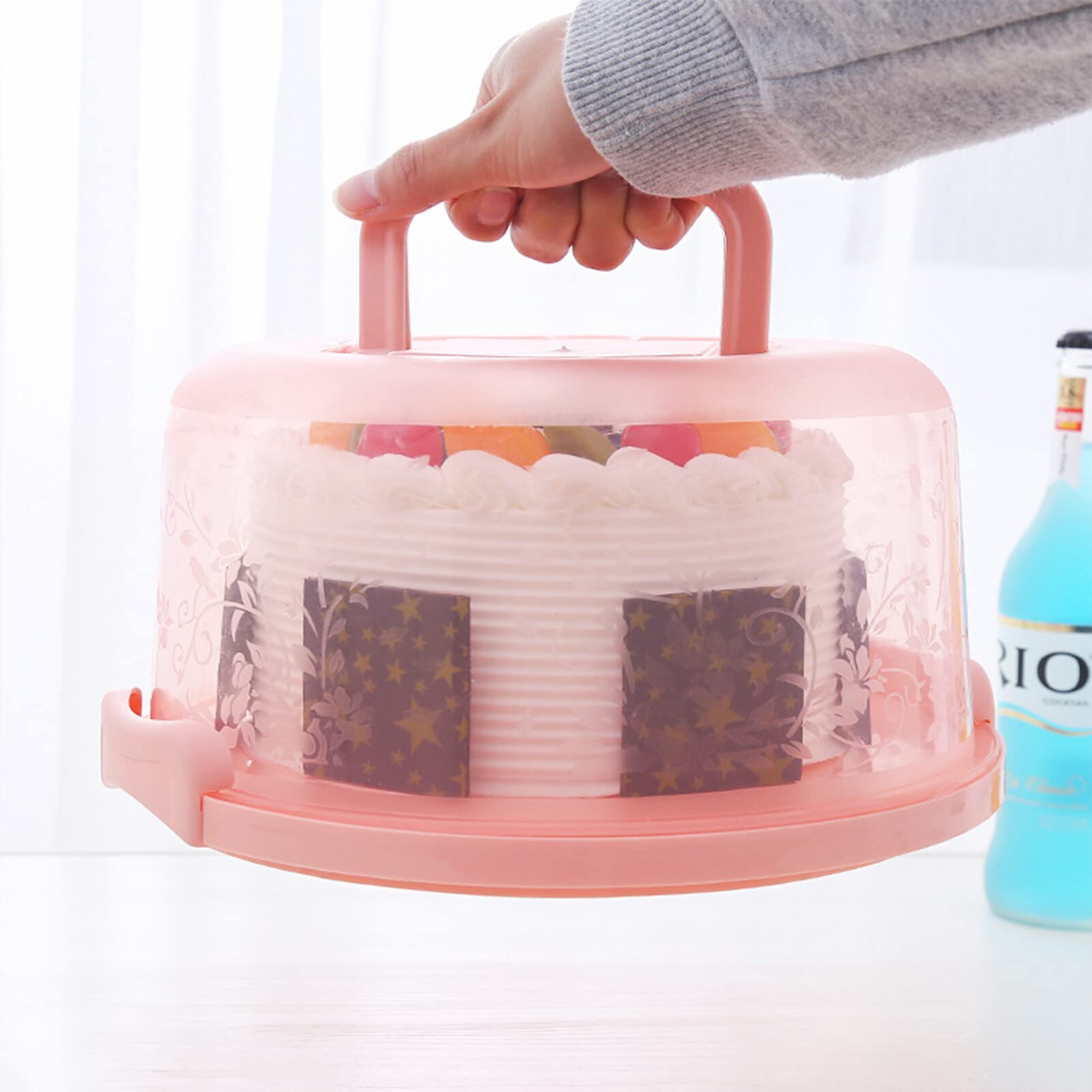 Cabilock Cake Stand Round Cake Carrier with Handle Dome Lids Dessert Carrier Handy Cupcake Holder Tray Clear Plastic Cake Pie Container Cake Box Serving Tray (Pink) Cake Holder