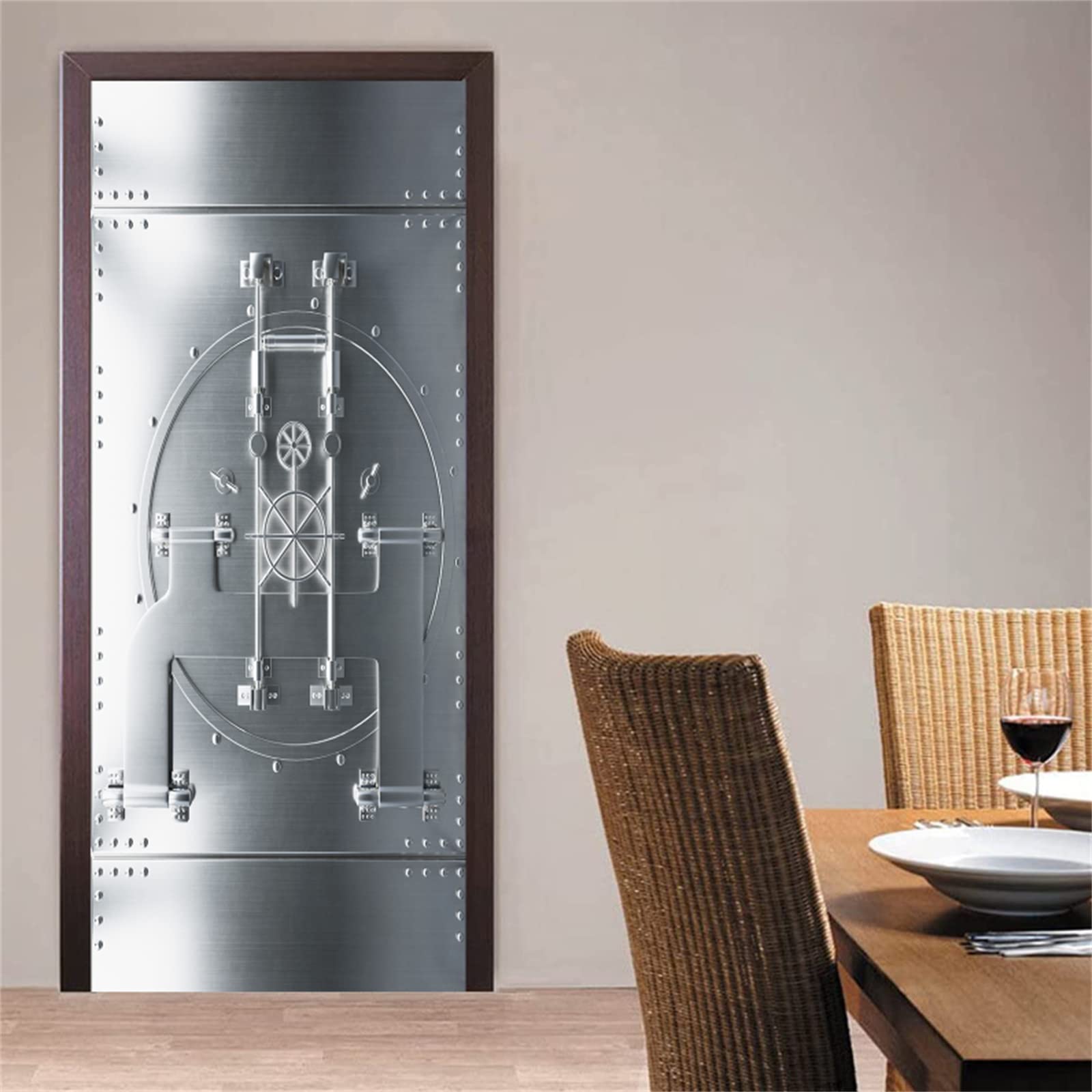 artfanke 3D Door Sticker Peel and Stick Bank Vault Door Metal- self-Adhesive Murals Wallpaper Decal for Bedroom Decor 30.3"x78.7"(2 Sheets/Set)