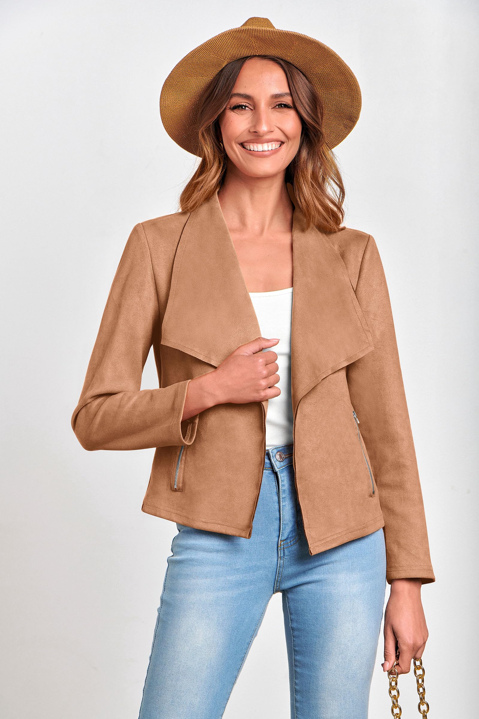 PRETTYGARDEN Women's Faux Suede Jackets 2025 Spring Fall Clothes Long Sleeve Open Front Cropped Coat Outwear (Camel,Small)