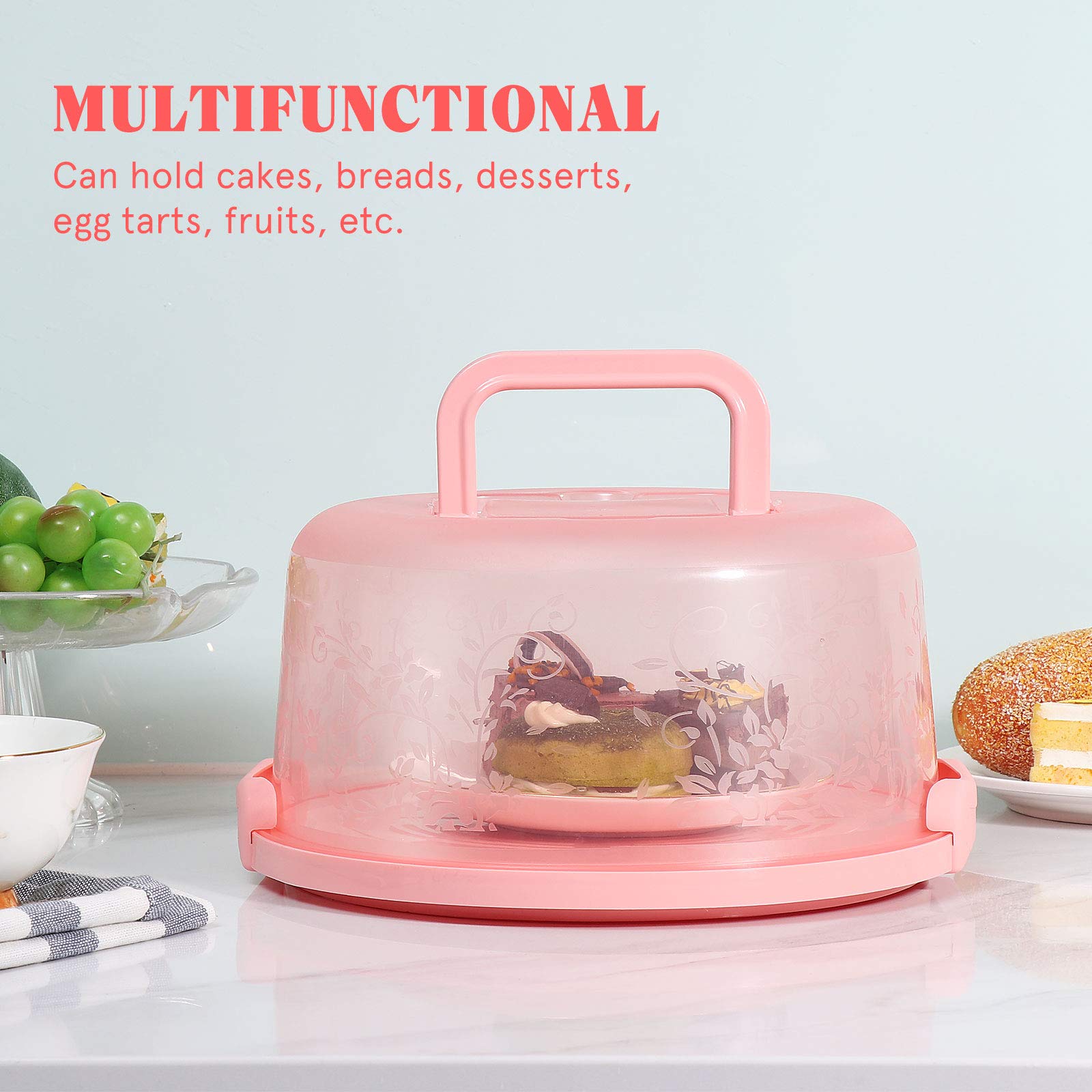 Cabilock Cake Stand Round Cake Carrier with Handle Dome Lids Dessert Carrier Handy Cupcake Holder Tray Clear Plastic Cake Pie Container Cake Box Serving Tray (Pink) Cake Holder