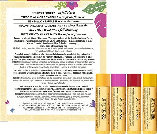 Burt's Bees Gifts, 4 Lip Balm Products, In Full Bloom Set - Original Beeswax, Dragonfruit Lemon, Tropical Pineapple & Strawberry (4 Pack)