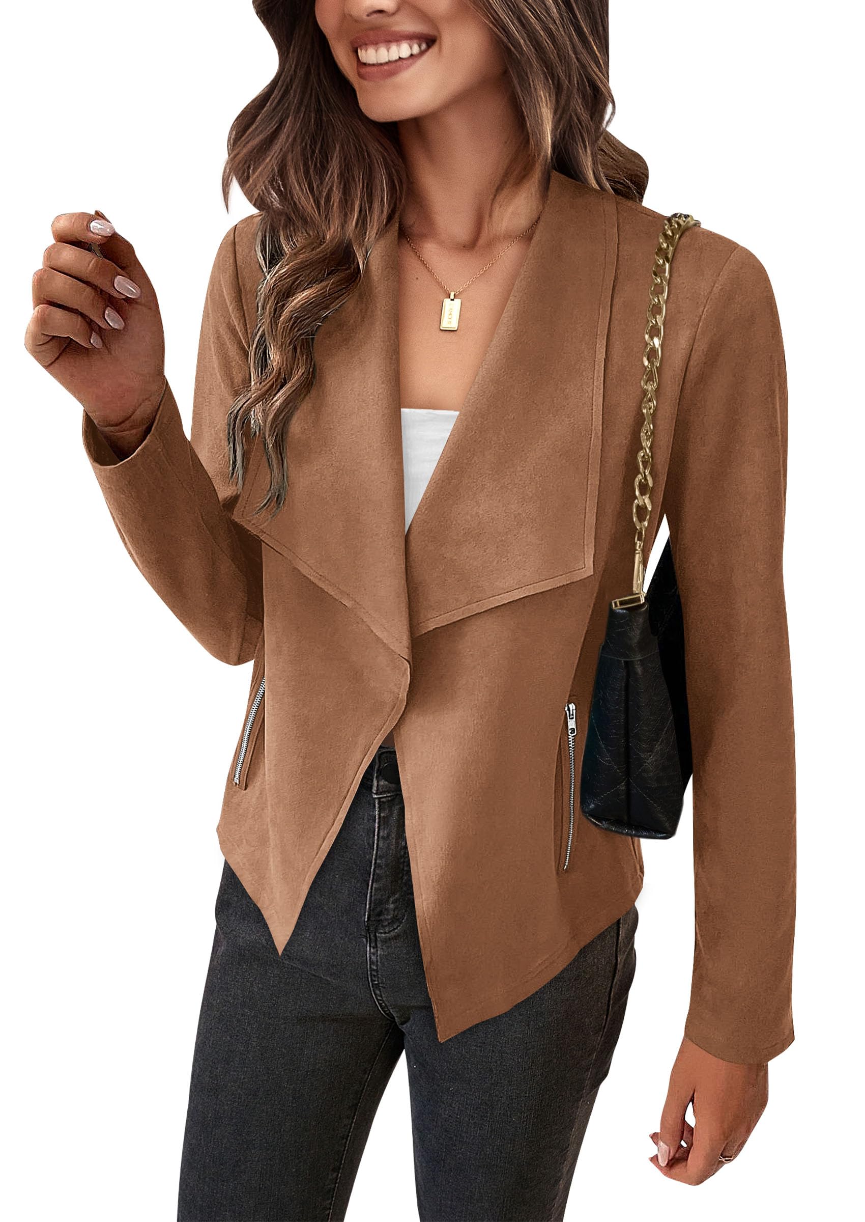 PRETTYGARDEN Women's Faux Suede Jackets 2025 Spring Fall Clothes Long Sleeve Open Front Cropped Coat Outwear (Camel,Small)
