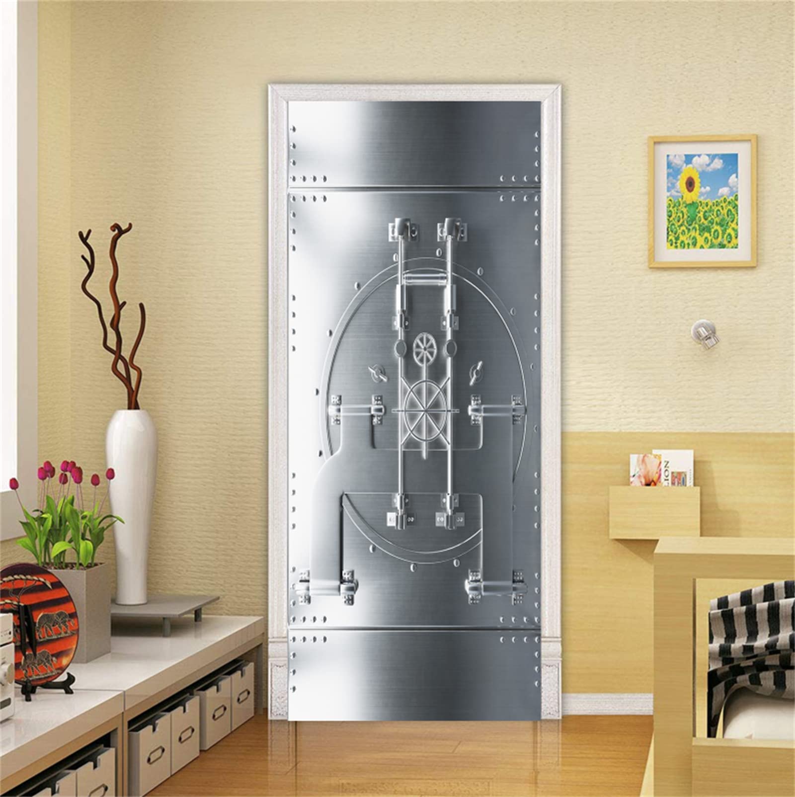 artfanke 3D Door Sticker Peel and Stick Bank Vault Door Metal- self-Adhesive Murals Wallpaper Decal for Bedroom Decor 30.3"x78.7"(2 Sheets/Set)