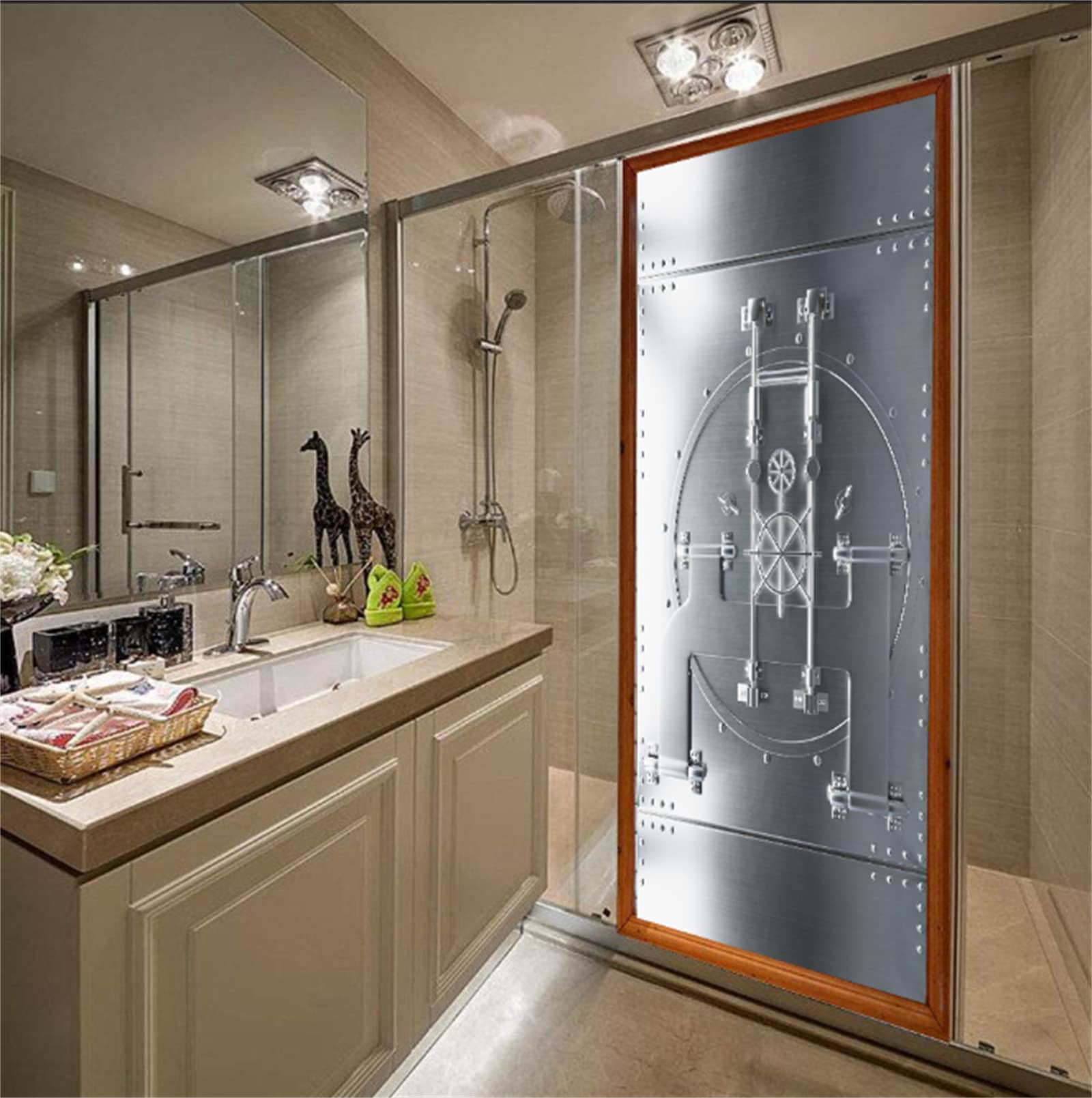 artfanke 3D Door Sticker Peel and Stick Bank Vault Door Metal- self-Adhesive Murals Wallpaper Decal for Bedroom Decor 30.3"x78.7"(2 Sheets/Set)